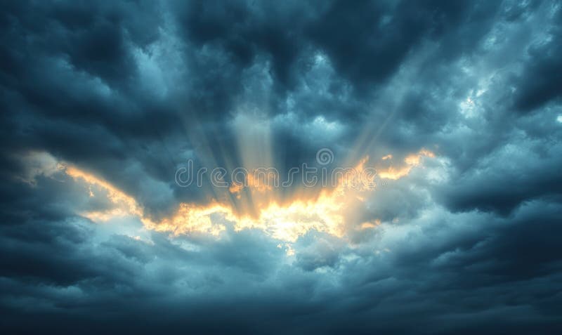Dramatic Stormy Sky with Sun Rays Breaking through Dark Clouds Stock ...