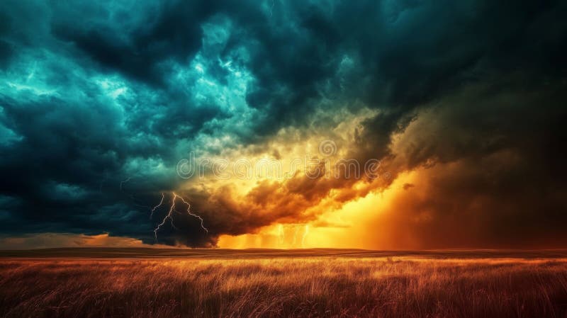 Dramatic Stormy Sunset Over Grassland Field Stock Photo - Image of open ...