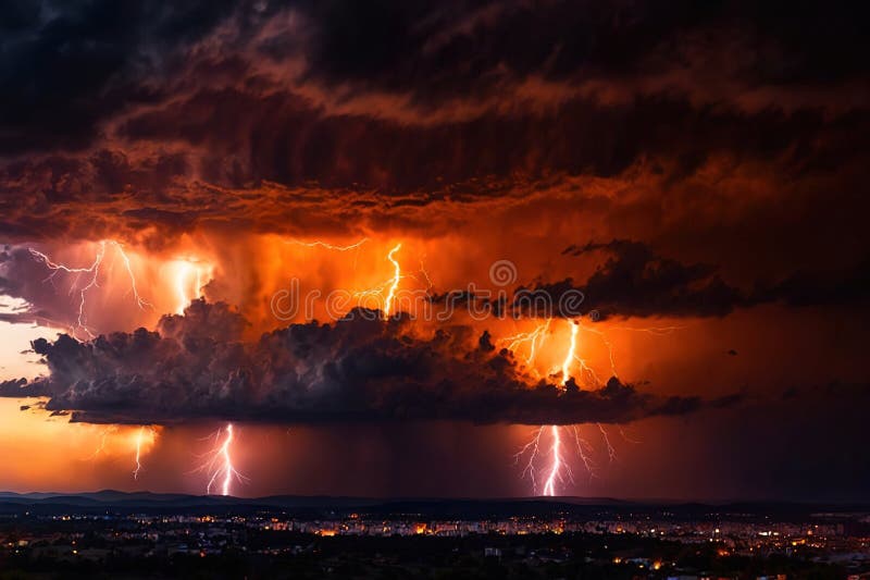 Dramatic Stormy Sunset Weather with Black Clouds and Thunder Lightning ...