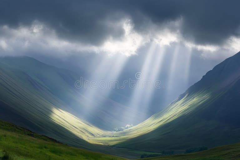 Dramatic Streaks of Light Break through the Dark Storm Clouds, Shining ...