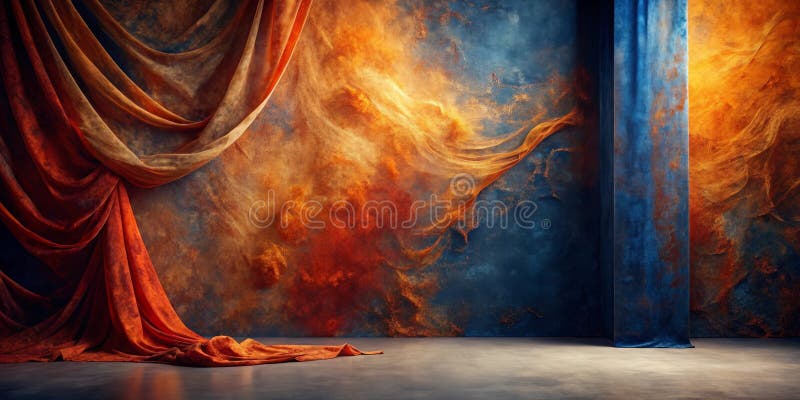 Dramatic Studio Backdrop with Textured Walls and Flowing Fabrics ...