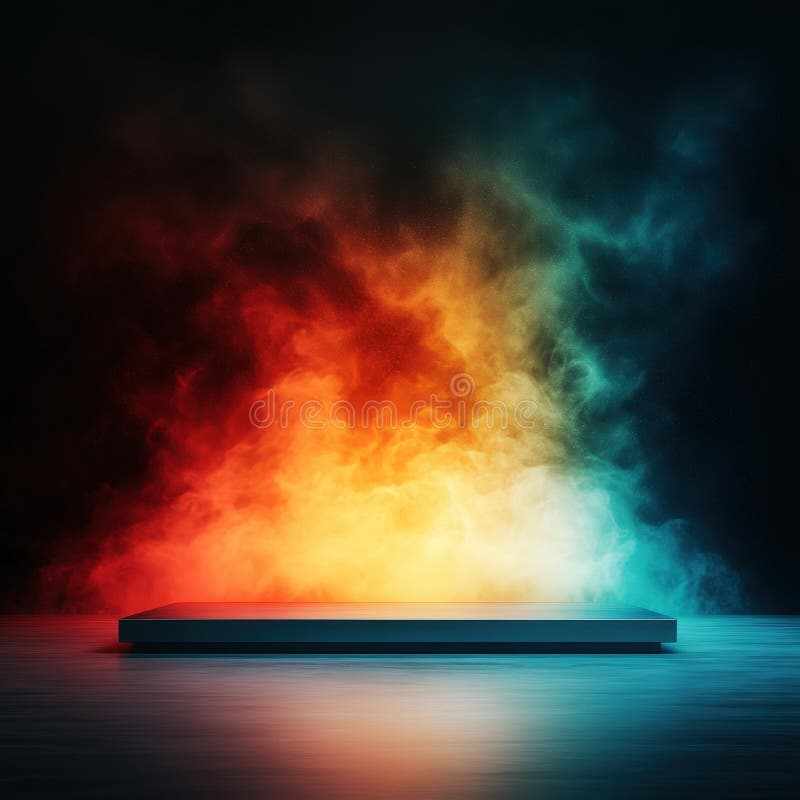 Dark Moody Stage with Red and Blue Smoke Background and Empty Platform ...