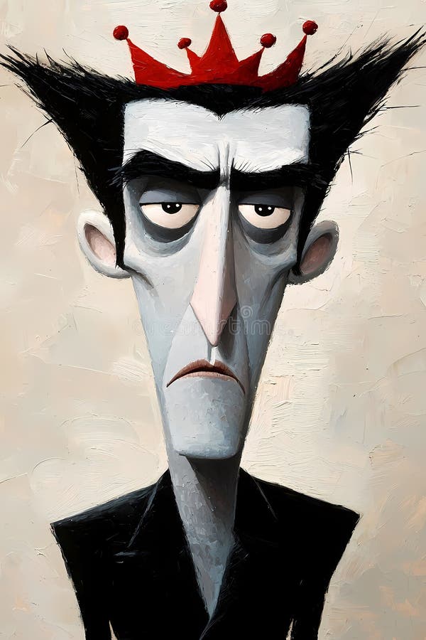 Brooding Cartoon King Portrait Stylized Impasto Painting Crowned Figure ...