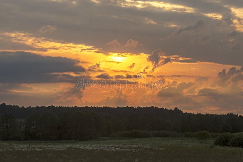 Dramatic Summer Sunset Over Fields and Forests. Stock Image - Image of ...