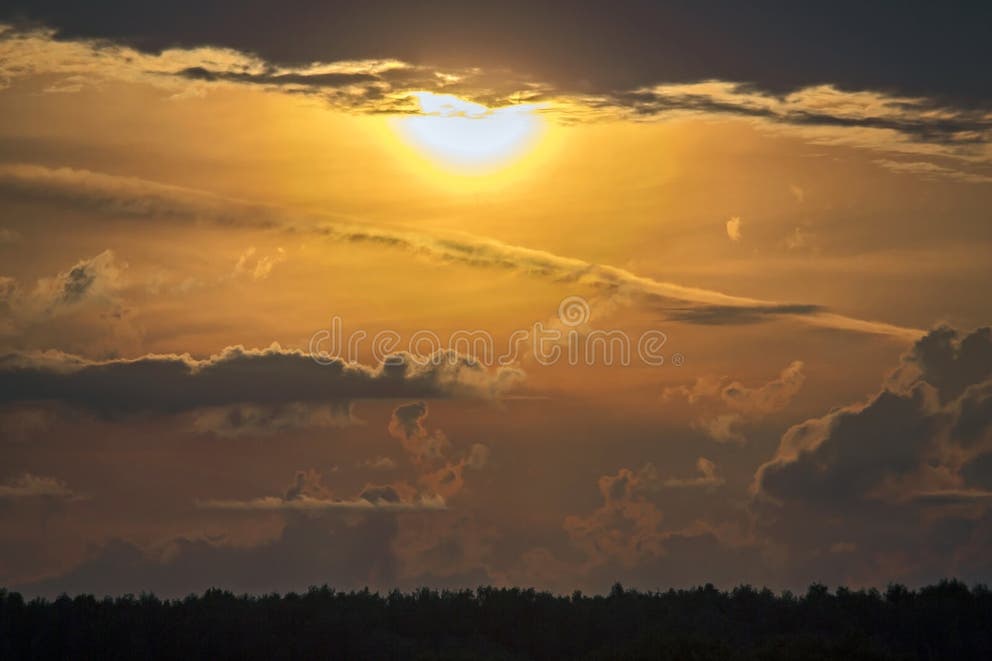 Dramatic Summer Sunset Over Fields and Forests. Stock Image - Image of ...