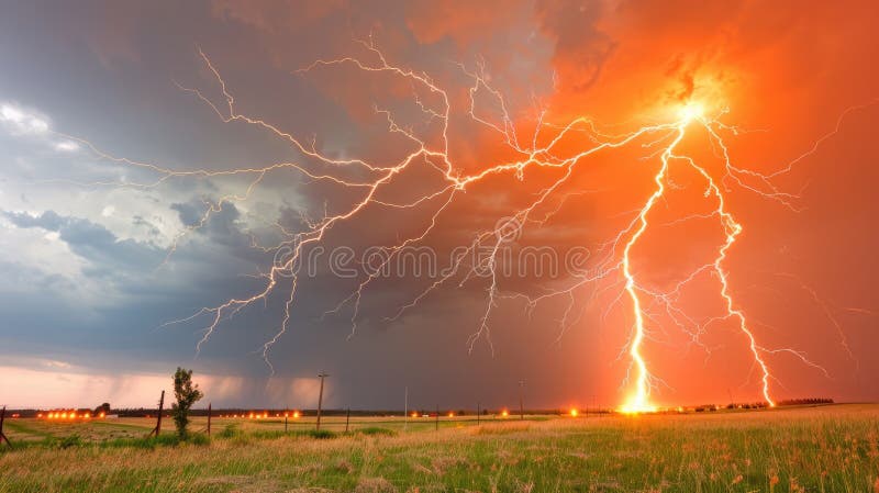 Dramatic Summer Thunderstorm with Vivid Lightning Illuminating Open ...