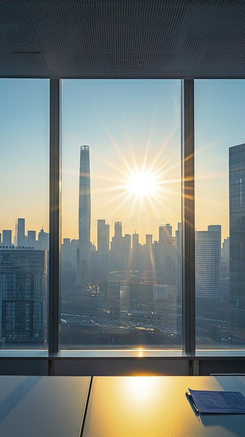Dramatic Sun and Cityscape from High-rise Office Window Stock ...