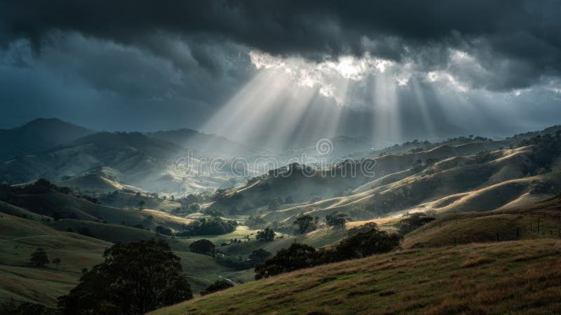 Dramatic Sun Rays Break through Dark Clouds Over Rolling Hills ...