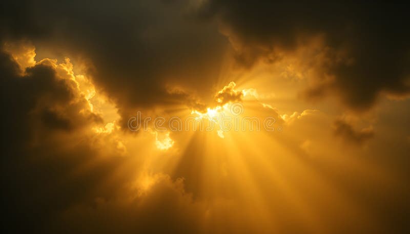 Dramatic Sun Rays Bursting through Dark Stormy Clouds Above Stock ...
