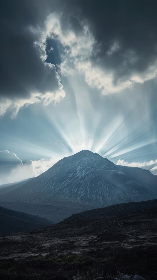 Dramatic Sun Rays Over Mountain Peak Stock Illustration - Illustration ...