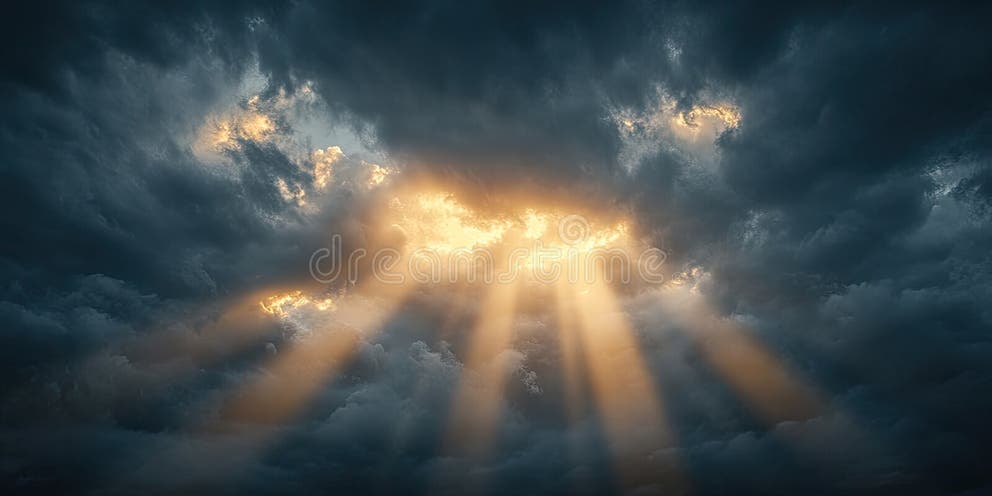 Dramatic Sun Rays Piercing through Thick Rain Clouds Background for ...