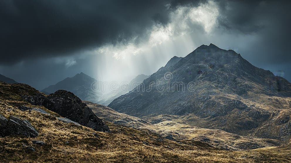 Dramatic Sun Rays through Scottish Highlands Stock Image - Image of ...