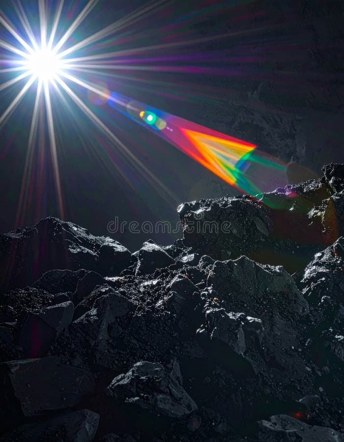 Dramatic Sunbeam Bursting through Dark Rocky Terrain with Colorful Lens Flare Effect Stock ...