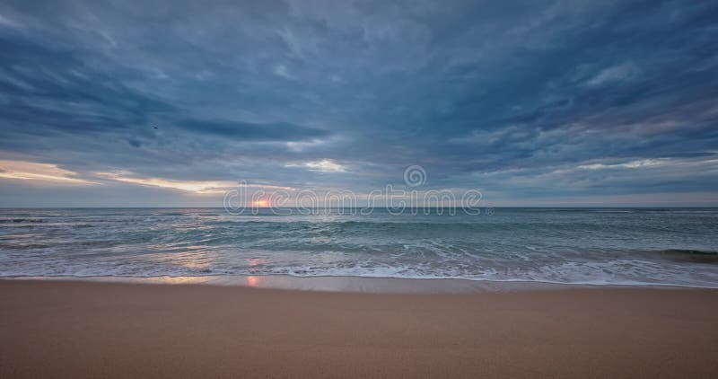 Dramatic Sea Sunrise Over Tropical Island Beach With Exotic Coconut