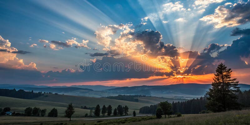 Dramatic Sunrise with Orange Sun Rays Breaking through Clouds Stock ...