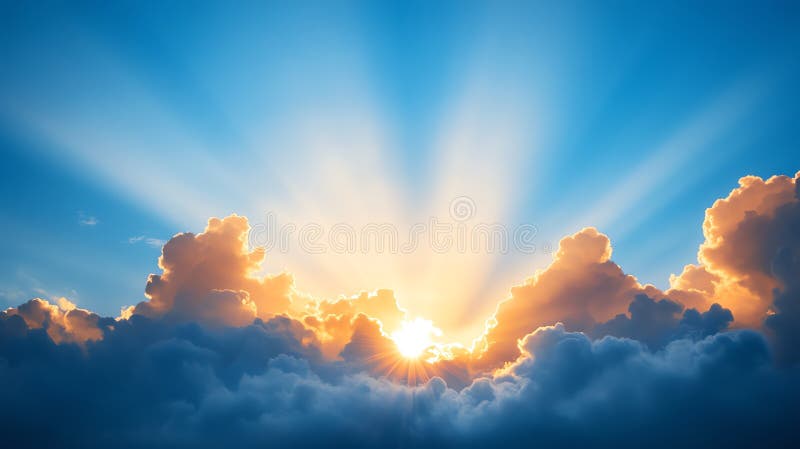 Dramatic Sunrise Over Clouds, Golden Rays Peeking through, Serene Sky ...