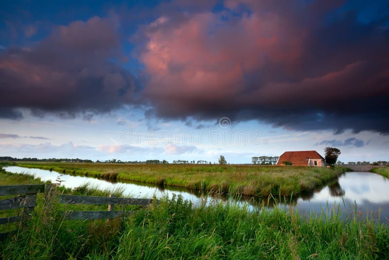 Dramatic Sunrise Over Dutch Farmland Stock Image - Image of season ...