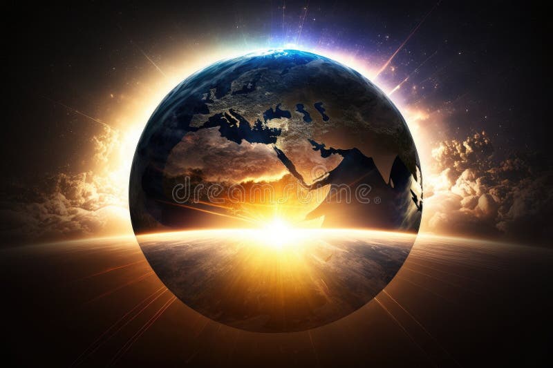 A Dramatic Sunrise Over a Globe, with Rays of Light Illuminating the ...