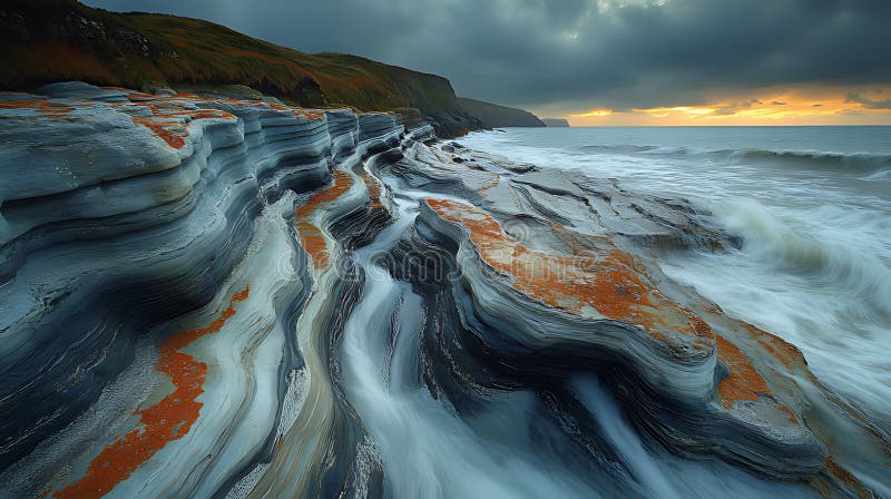 Dramatic Sunrise Over Layered Rock Formations on a Rugged Coastline ...