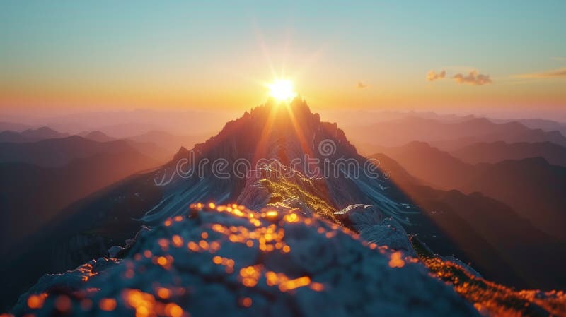 Dramatic Sunrise View Over a Jagged Mountain Peak with a Warm Glow ...
