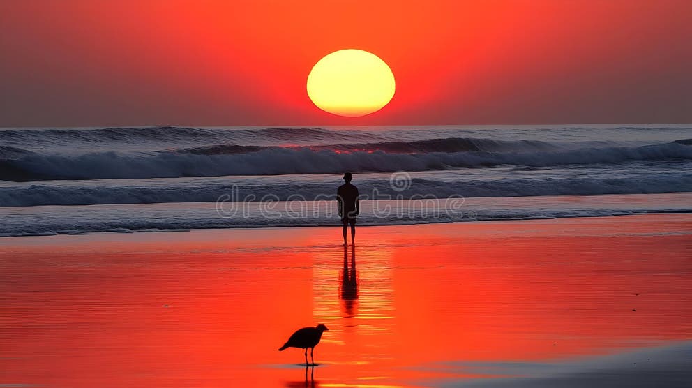 Dramatic Sunset Beach Scene with Silhouette Figure and Bird Stock Illustration - Illustration of ...
