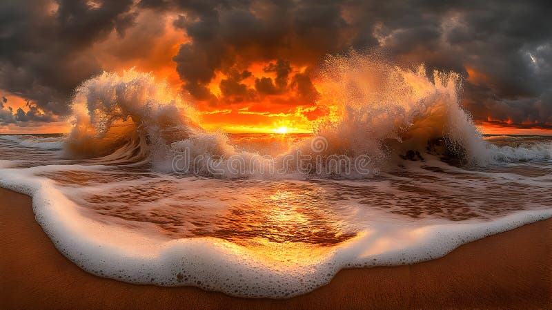 Dramatic Sunset Beach Waves Stock Illustration - Illustration of ...