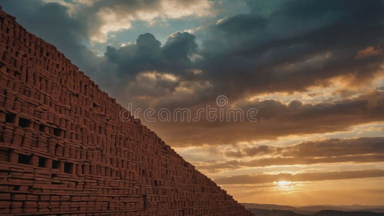 Majestic Sunset Over Stacked Clay Bricks: a Golden Hour Landscape Stock ...