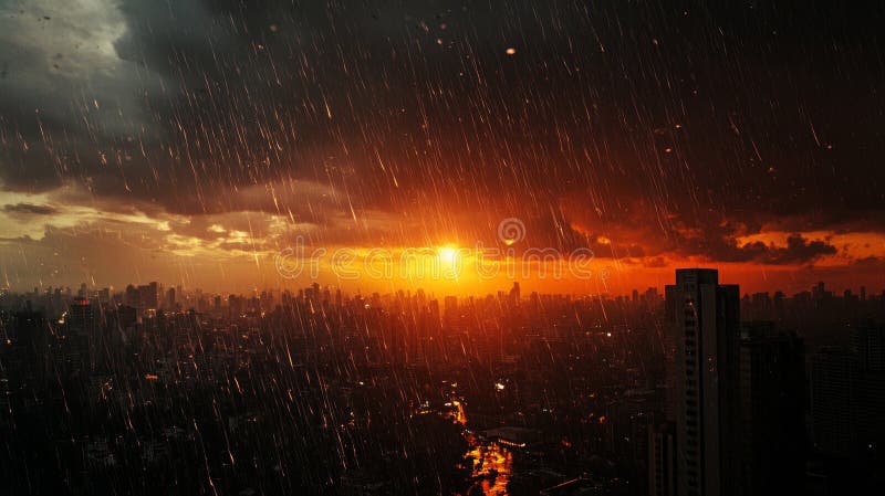 Dramatic Sunset Behind City Skyline with Cascading Rain Creating a ...