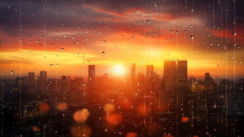 Dramatic Sunset Behind City Skyline with Cascading Rain Creating a ...