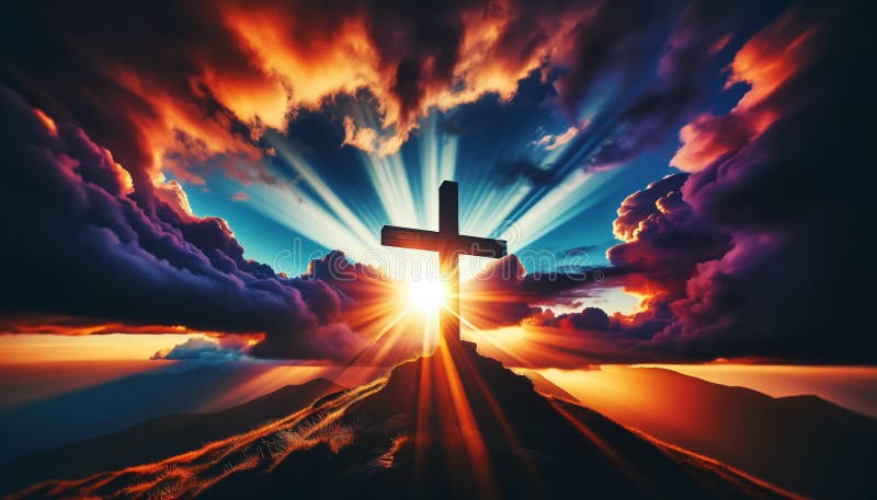 Dramatic Sunset Behind Cross on Mountain Top with Copy-Space Stock ...
