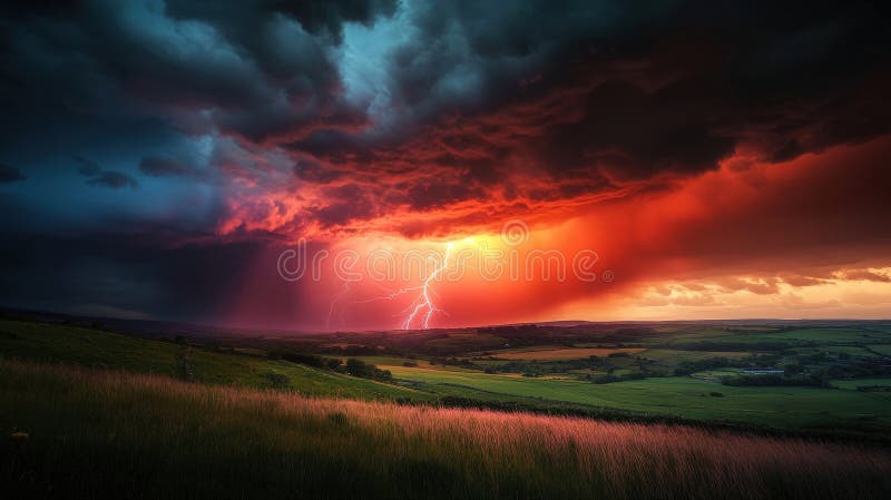 Dramatic Sunset Behind Dark Storm Clouds with a Bright Lightning Bolt Striking the Ground in a ...