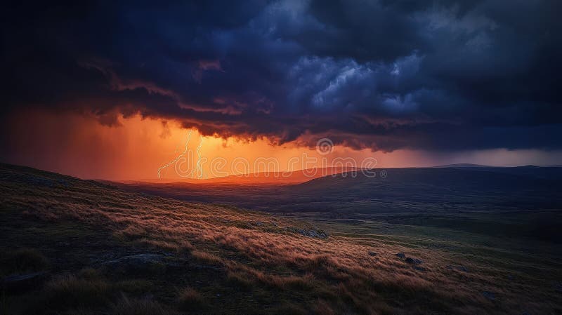 Dramatic Sunset Behind Dark Storm Clouds and Lightning in Landscape Stock Illustration ...