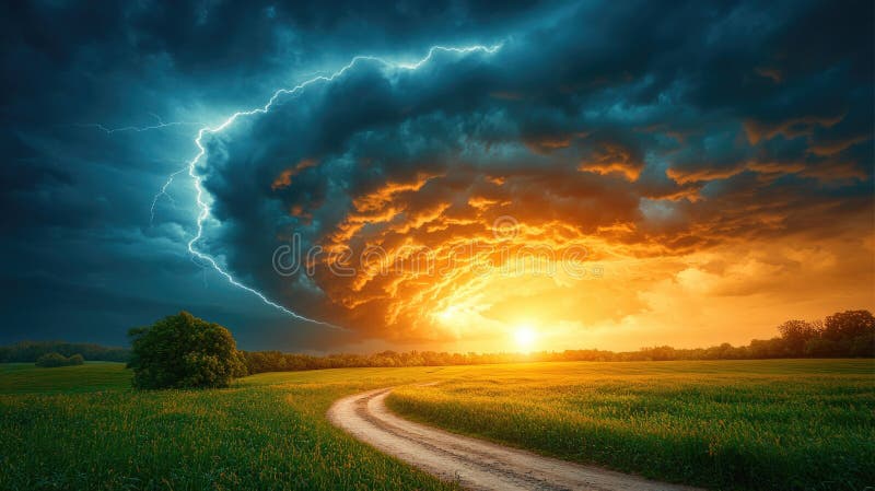 Dramatic Sunset with Bright Lightning Illuminating Stormy Clouds Over a ...