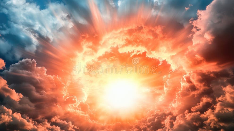 Dramatic Sunset Burst through Clouds in a Fiery Sky Stock Photo - Image ...