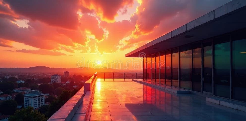 Dramatic Sunset Casting Long Shadows on Sharp Edged Modern Structures ...