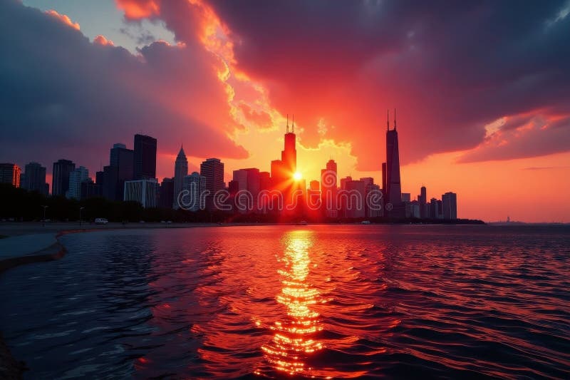 Dramatic Sunset Casts Long Shadows on Chicago S Iconic Skyline Evening ...