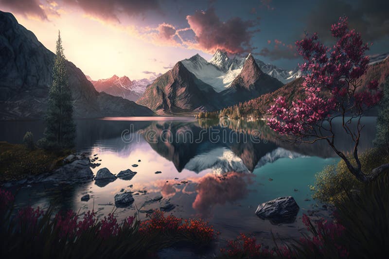 Dramatic Sunset Color at Idyllic Alpine Lake in Spring Stock ...