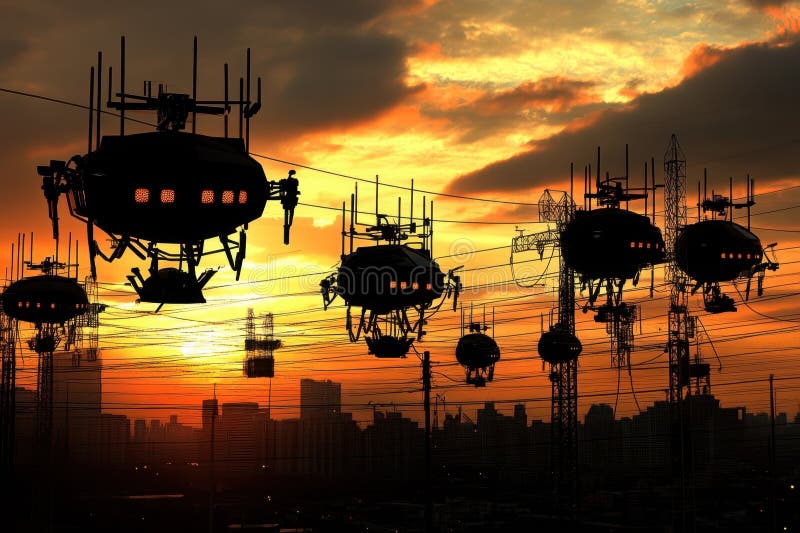 Dramatic Sunset with Futuristic Silhouettes of Antennas and Hovering ...