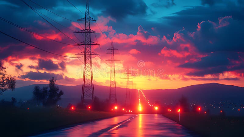 Dramatic Sunset Highway Road Trip, Vibrant Sky, Power Lines, Mountains ...