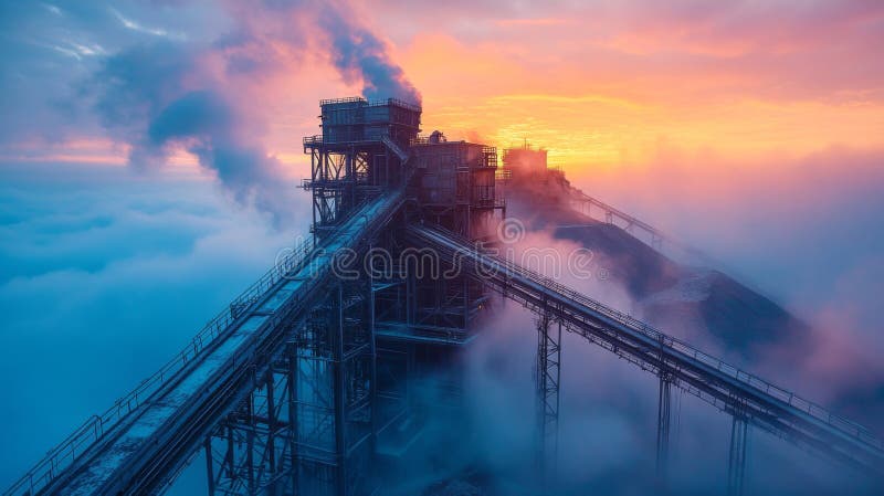 Dramatic Sunset Illuminates Mining Facility with Machinery and Energy ...