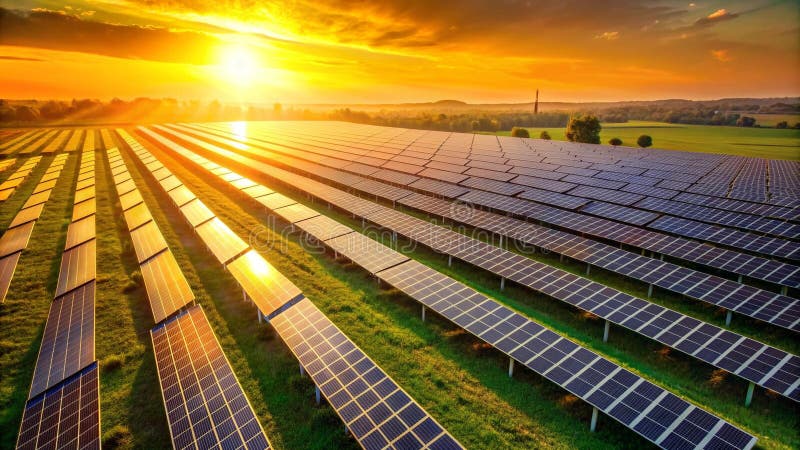 A Dramatic Sunset Illuminates Rows of Solar Panels AI Generated Stock ...