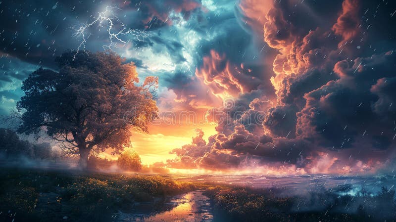 Dramatic Sunset Illuminates Stormy Sky with Lightning Over Peaceful ...