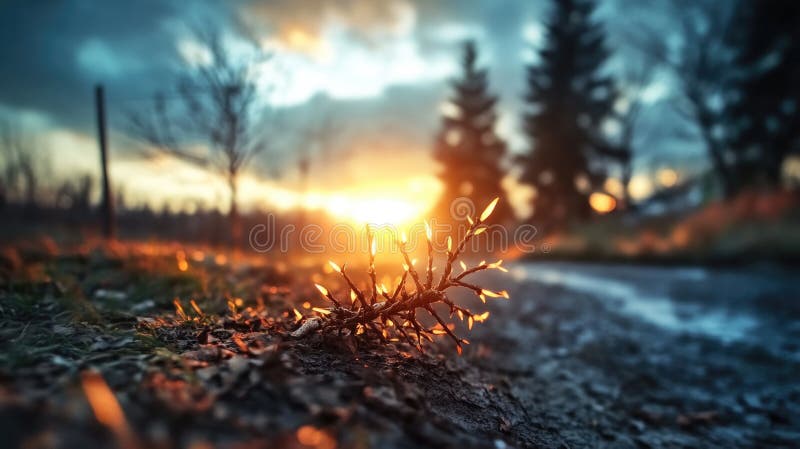 Dramatic Sunset Illuminating Pine Needles on Forest Path Stock Image ...