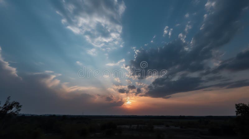 Dramatic Sunset Landscape with Crepuscular Rays Breaking through Clouds ...