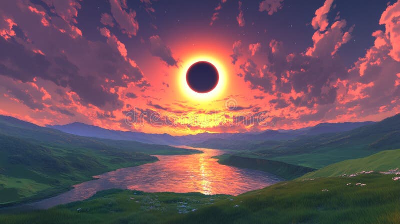 Dramatic Sunset Landscape with Total Solar Eclipse Over River and ...