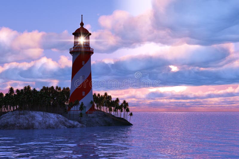 Dramatic Sunset with Lighthouse on Island in Sea Stock Illustration ...