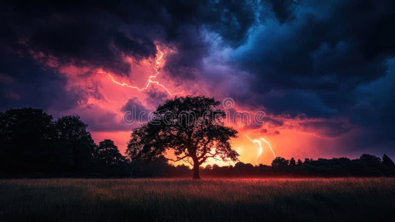 Dramatic Sunset with Lightning and a Lone Tree Under Dark Clouds in a ...