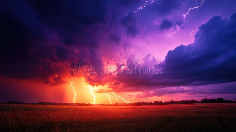 Dramatic Sunset with Lightning Over Fields Creates a Stunning Sky Scene ...