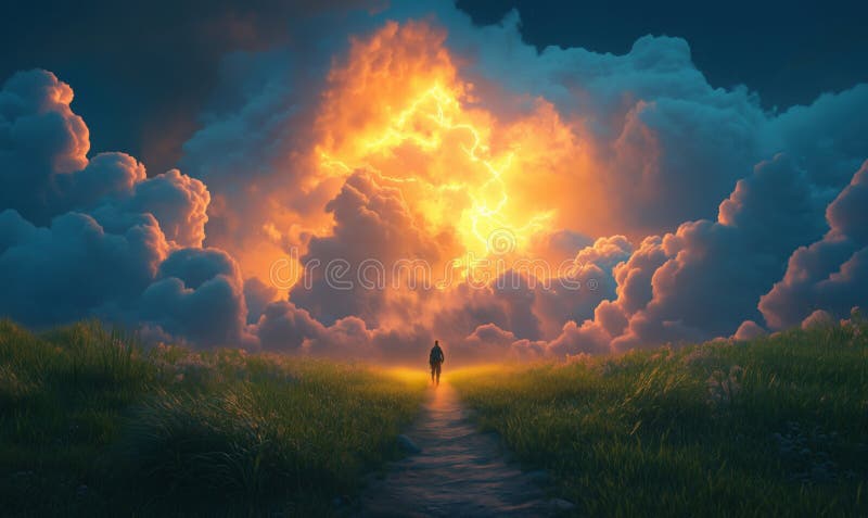 Dramatic Sunset with Lightning, Person Walking on Path through Grass ...