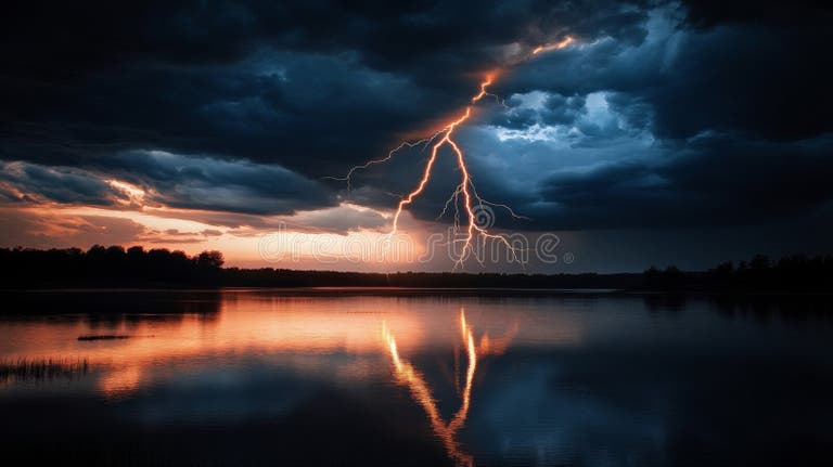Dramatic Sunset Lightning Storm Over Lake Reflection Stock Illustration - Illustration of night ...